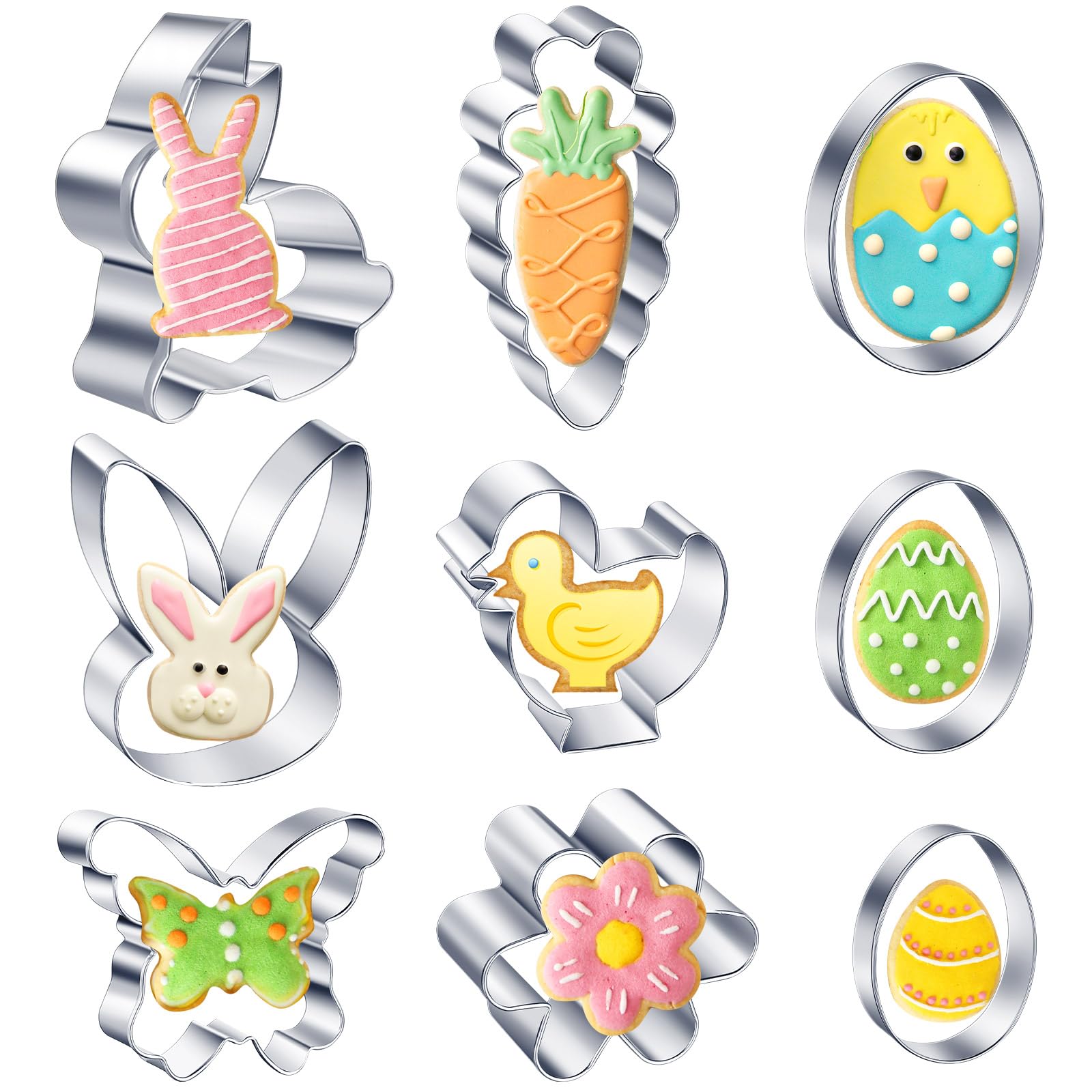 Easter Cookie Cutter Set 9 PCS Easter Cookie Cutters Egg Bunny Flower Butterfly Chick Carrot Stainless Steel Biscuit Cutters Fondant Molds for Easter Biscuits