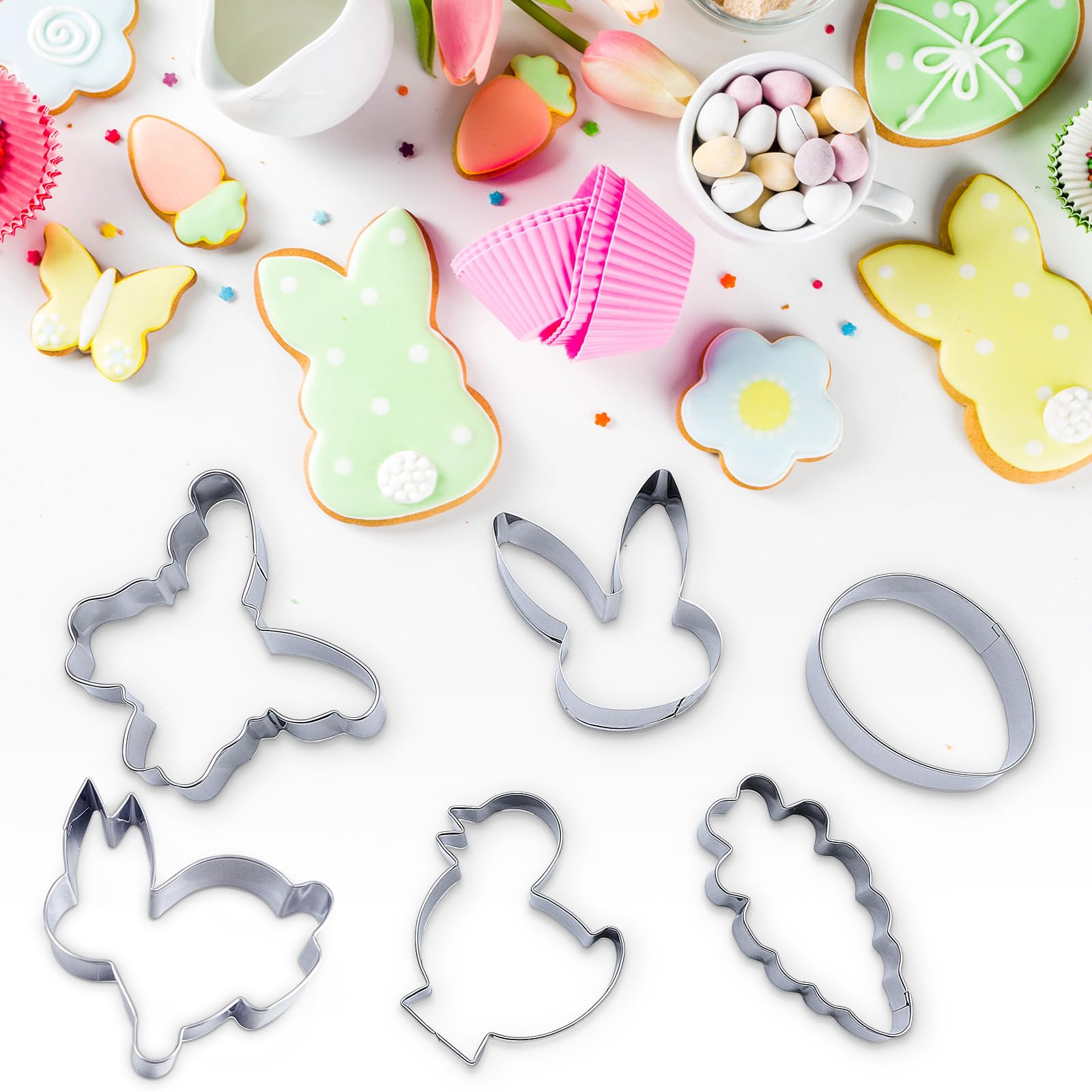 Easter Cookie Cutter Set 9 PCS Easter Cookie Cutters Egg Bunny Flower Butterfly Chick Carrot Stainless Steel Biscuit Cutters Fondant Molds for Easter Biscuits