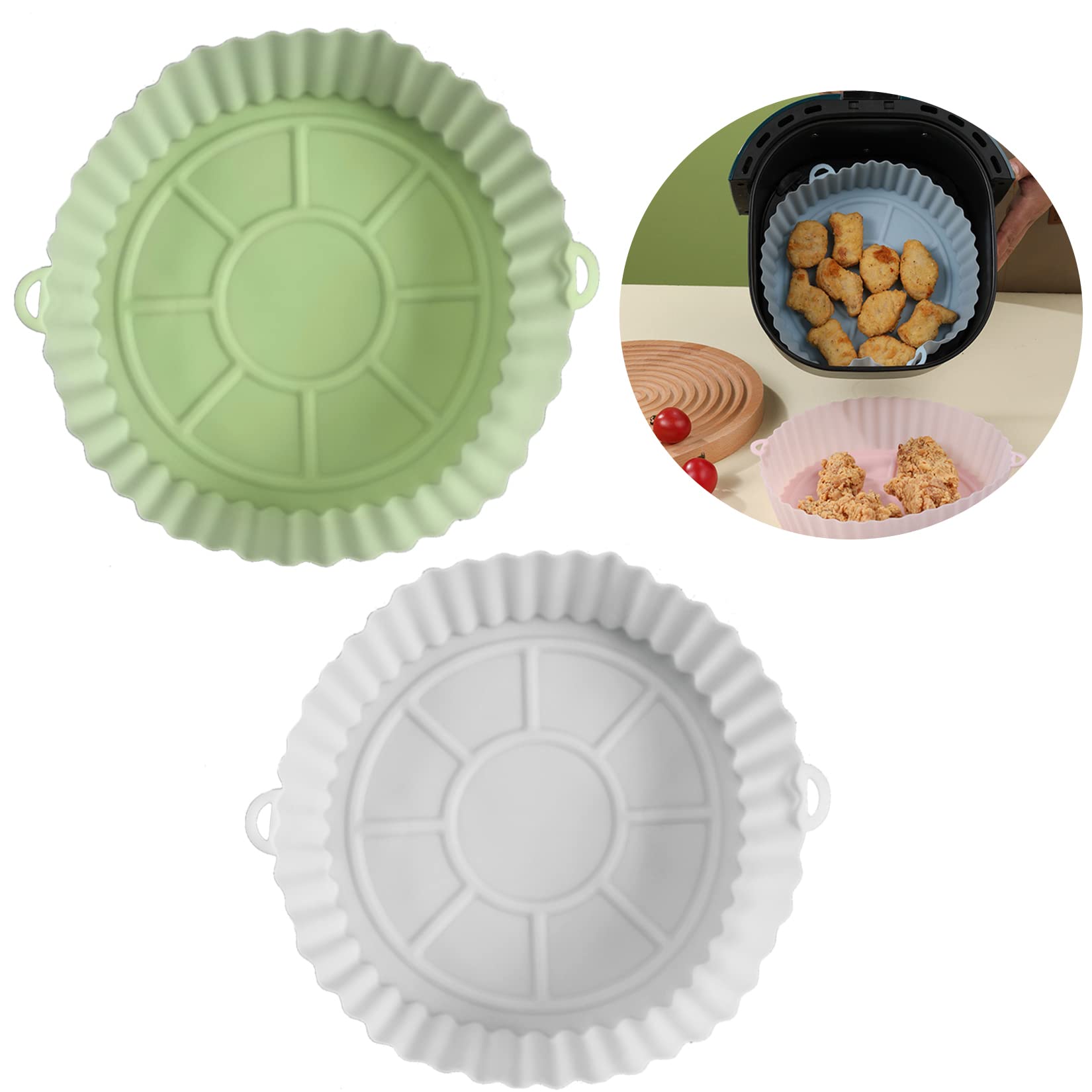 2 Pack Air Fryer Silicone Pot, 7 Inch Reusable Round Air Fryer Silicone Liners, Replacement of Parchment Paper Liners Air Fryer Accessories, Food Safe Baking Pans for Microwave, Oven(White, Green)