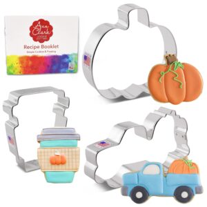 fall pumpkin spice cookie cutters 3-pc set made in the usa by ann clark, pumpkin, harvest truck with pumpkin, latte cup