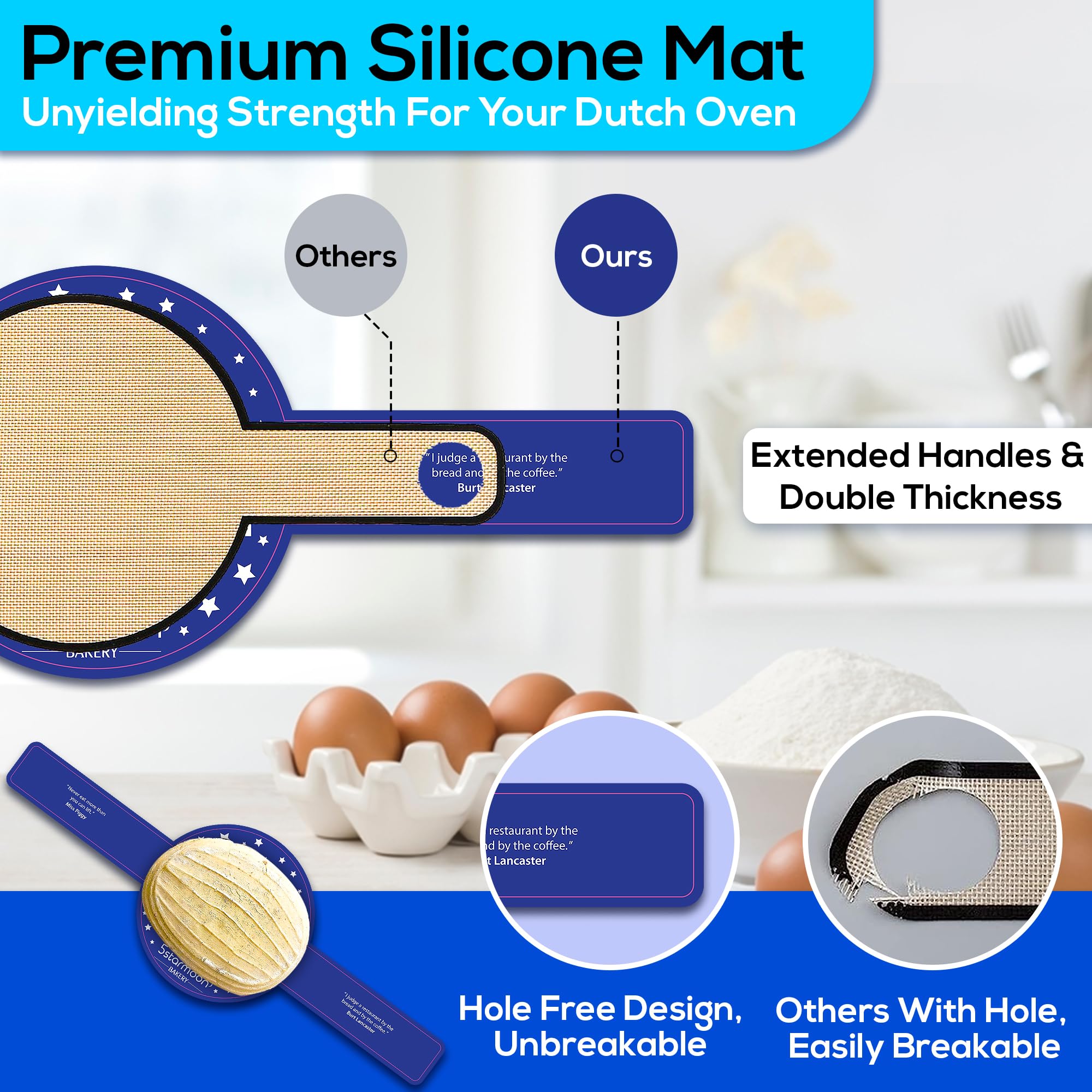 Silicone Bread Sling Dutch Oven Liner-Extra Thick Non-Stick Reusable Silicone Sourdough Bread Baking Mat with Long Handles, Sourdough Bread Baking Supplies (BlueUSA)