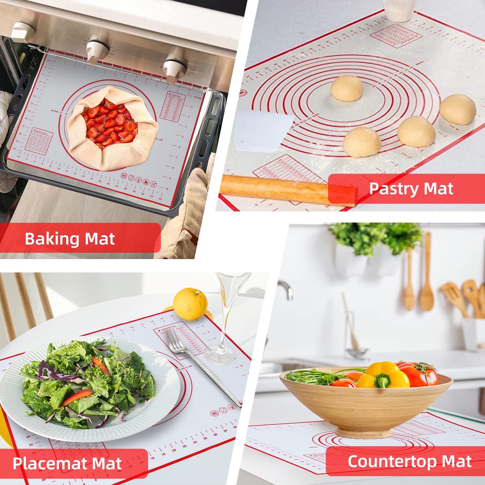 Silicone Pastry Mat 2 Pack Non Stick Baking Mat with Measuremenst 16" x 12" Small Non Slip Silicone Baking Mat for Fondant/Rolling Dough/Pie Crust/Cookies/Pizza/Bread BPA Free Kneading Mat