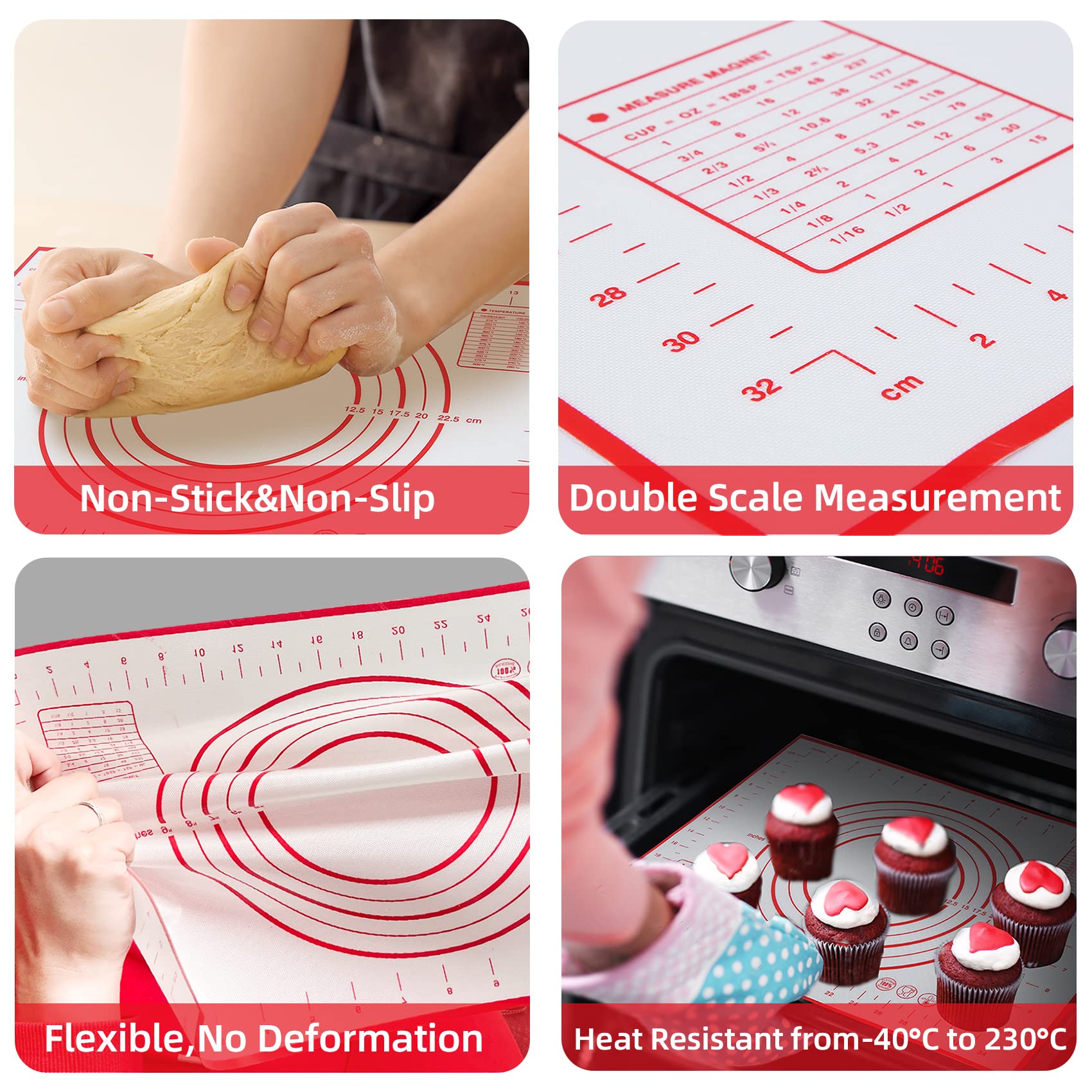 Silicone Pastry Mat 2 Pack Non Stick Baking Mat with Measuremenst 16" x 12" Small Non Slip Silicone Baking Mat for Fondant/Rolling Dough/Pie Crust/Cookies/Pizza/Bread BPA Free Kneading Mat