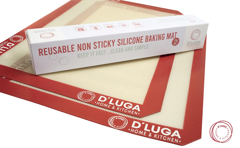 D'Luga 2-pack Non-Stick Silicone Baking Mat, Reusable Heat-Resistant Liner for Baking Pans and Cookies, Easy & Convenient, 16.5"x11.6" size, No oil Greasing Needed, Food-Grade Quality.