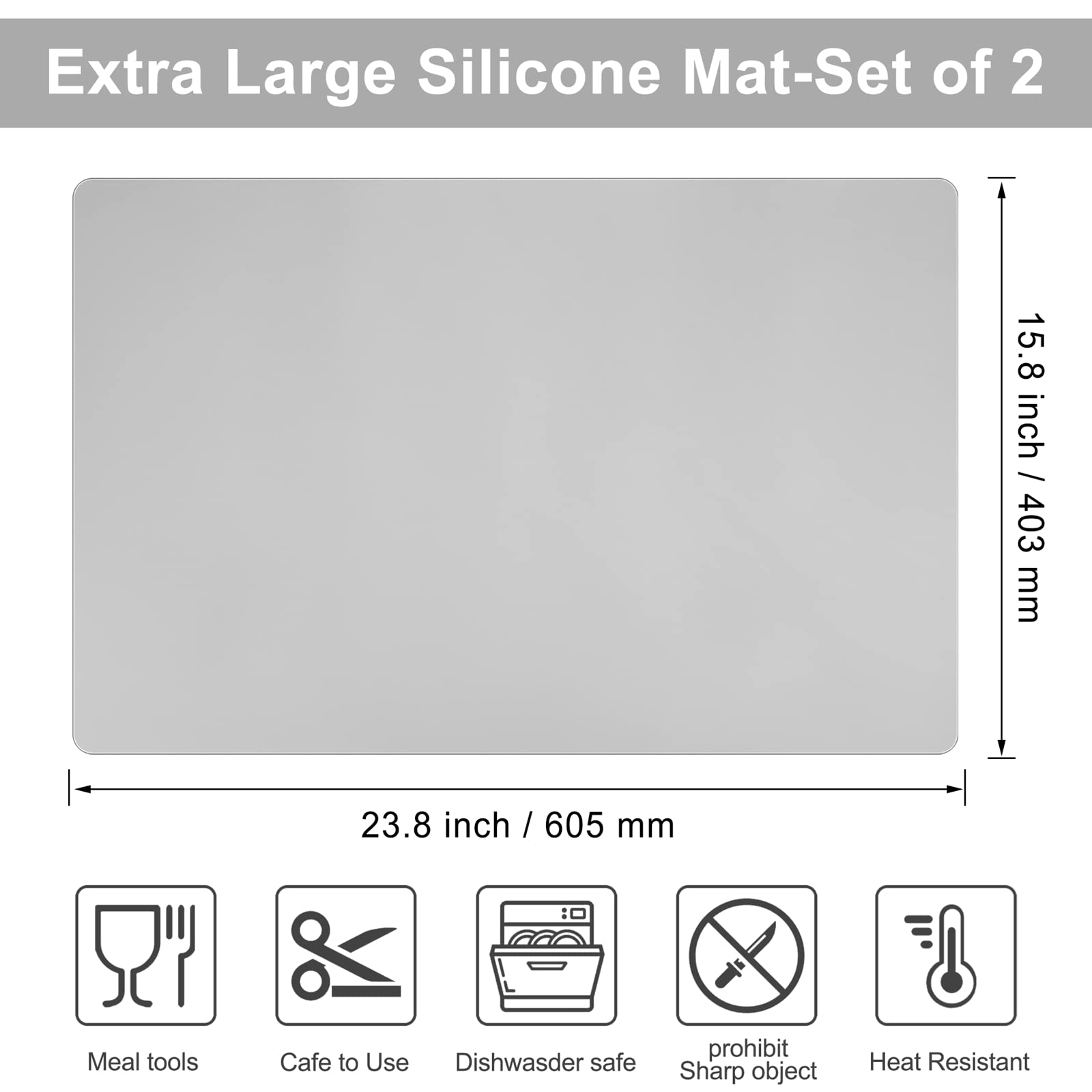 Silicone Mats for Kitchen Counter, Heat Resistant Mats for Countertop Protector, Waterproof, Washable, Non Slip, Multipurpose, Microwave, Cooking XL Large Silicone Mat, 23 x 15in, 1mm, Set of 2, Grey