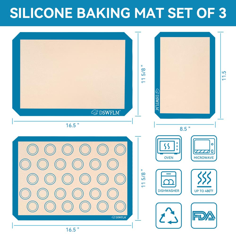 Silicone Baking Mat,Silicone Mats for Baking,100% Non-Stick Reusable Food Safe Liners-Silicone Baking Sheet Great for Macaron, Cookies, Bread and Pastry（3 PACK BLUE）