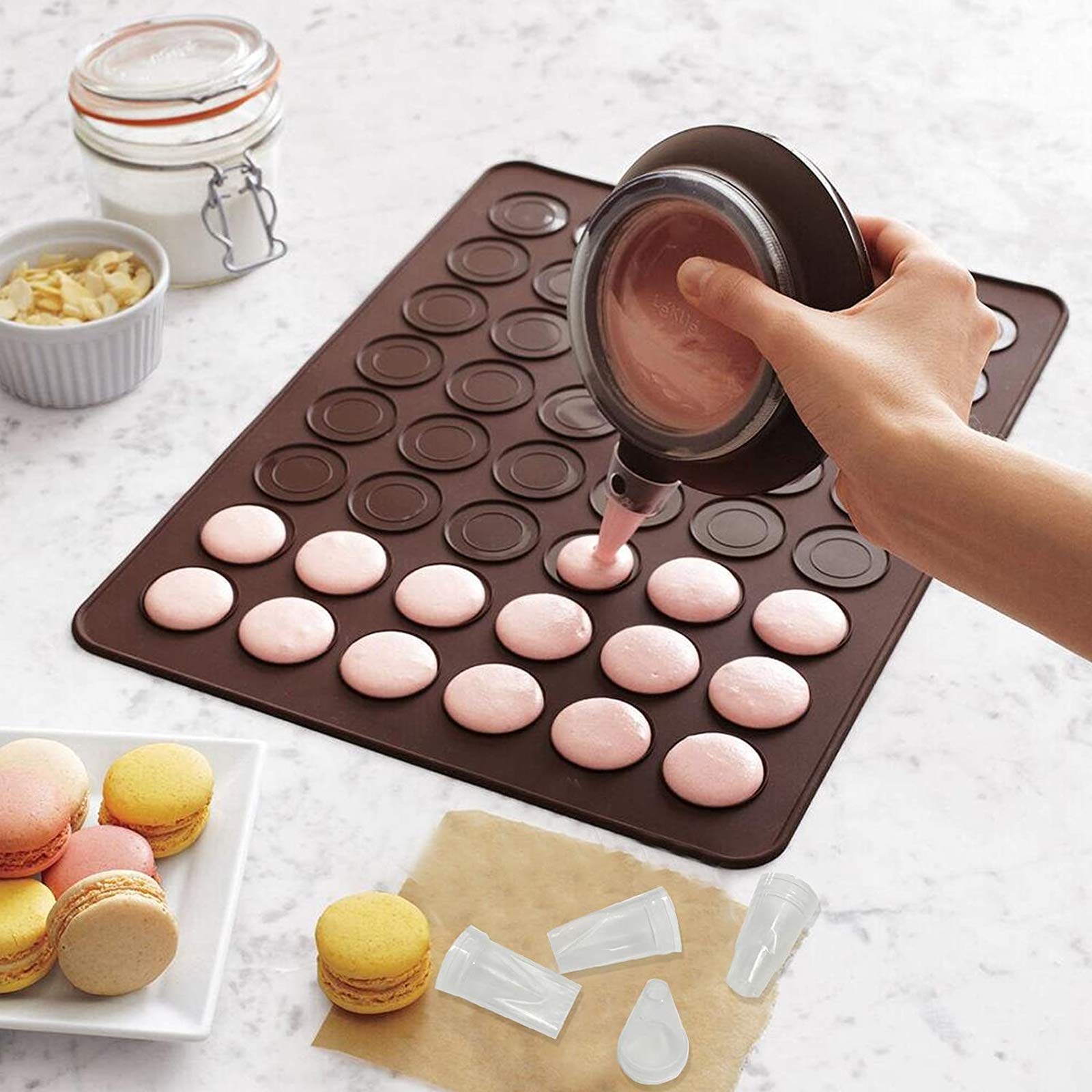 NACTECH 48 Capacity Macaron Silicone Baking Mats Non-Stick Macaron Baking Mold Macaron Baking Kit Food Safe with 1Pcs Decorating Pen 4 Nozzles