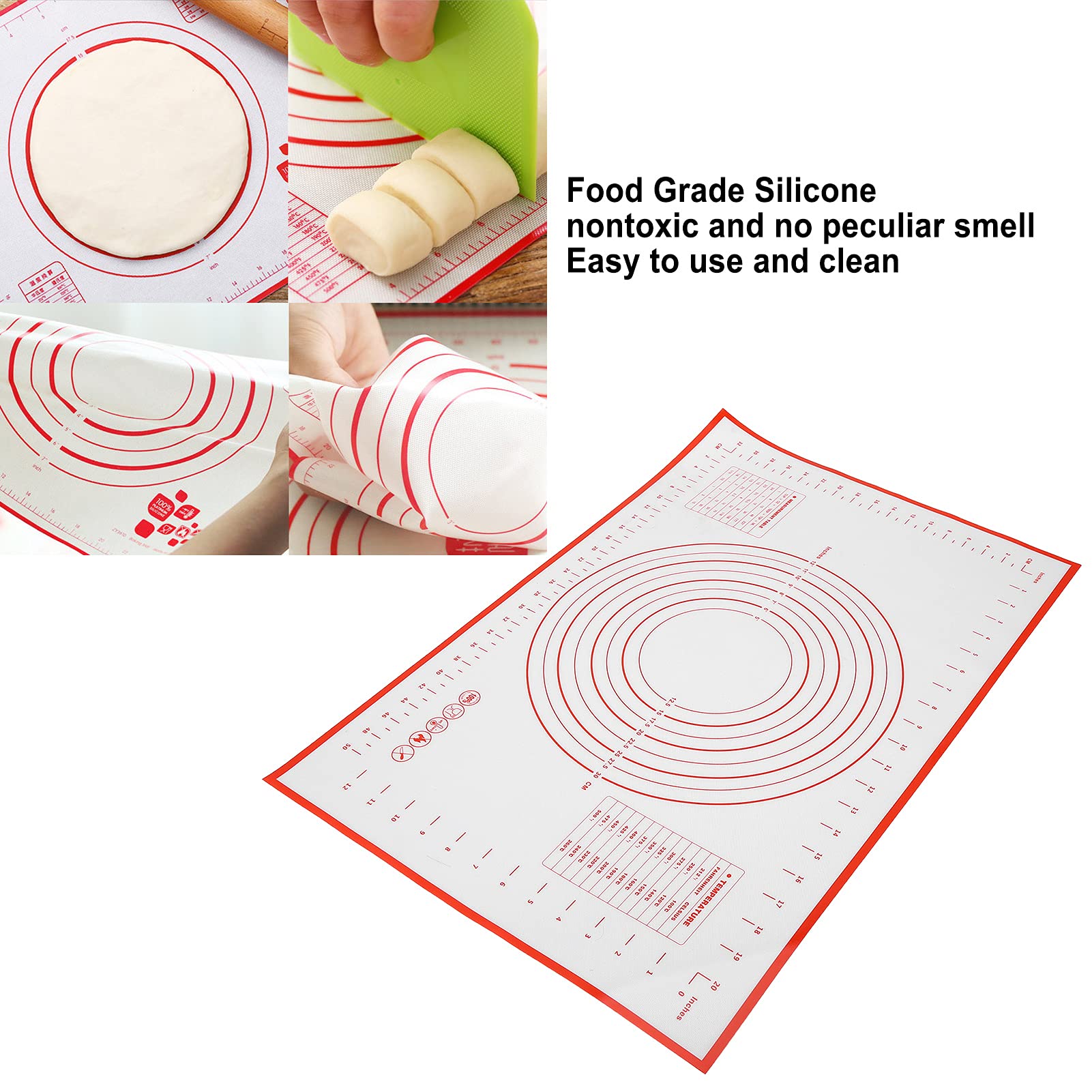 Silicone Measurement Pastry Mat, Reusable Non Stick Baking Mat with Inch CM Measurement for Dough Rolling Fondant Pizza Cookies Making, Large Pie Crust Mat, 23.6x15.7 Inch(Red)