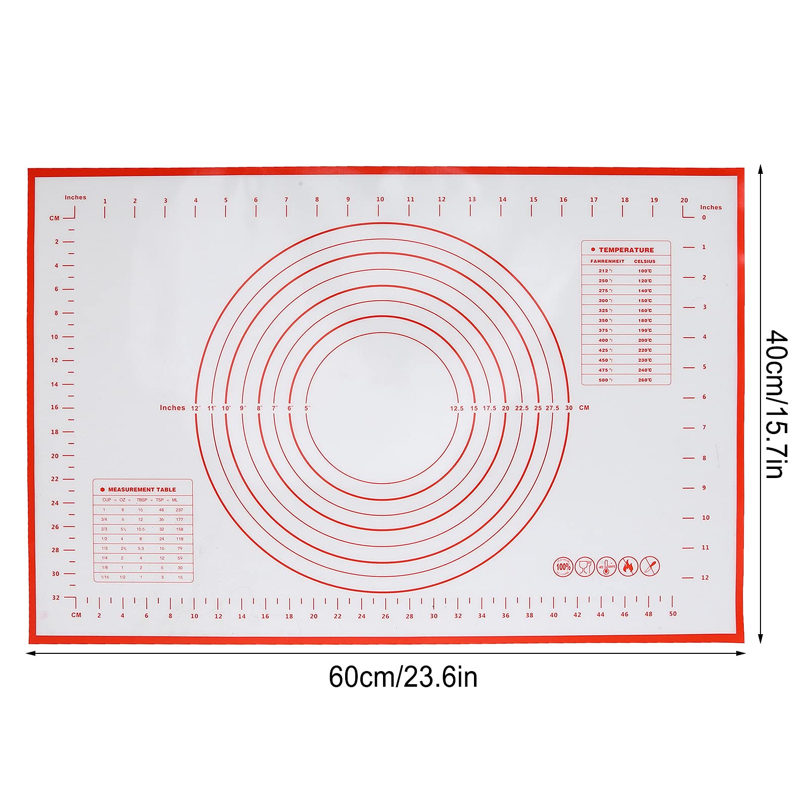 Silicone Measurement Pastry Mat, Reusable Non Stick Baking Mat with Inch CM Measurement for Dough Rolling Fondant Pizza Cookies Making, Large Pie Crust Mat, 23.6x15.7 Inch(Red)