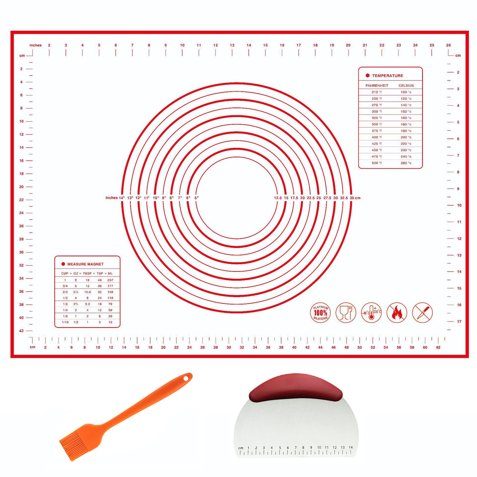 Silicone Dough Mat Non Stick Pastry Mat with Measurement Silicone Mats for Kitchen Counter Reusable Baking Mat Pie Crust Mat with Oil Brush and Dough Scraper(20" x 28",Red)