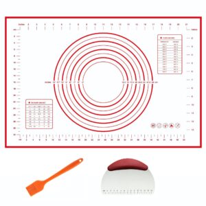 silicone dough mat non stick pastry mat with measurement silicone mats for kitchen counter reusable baking mat pie crust mat with oil brush and dough scraper(24" x 16",red)