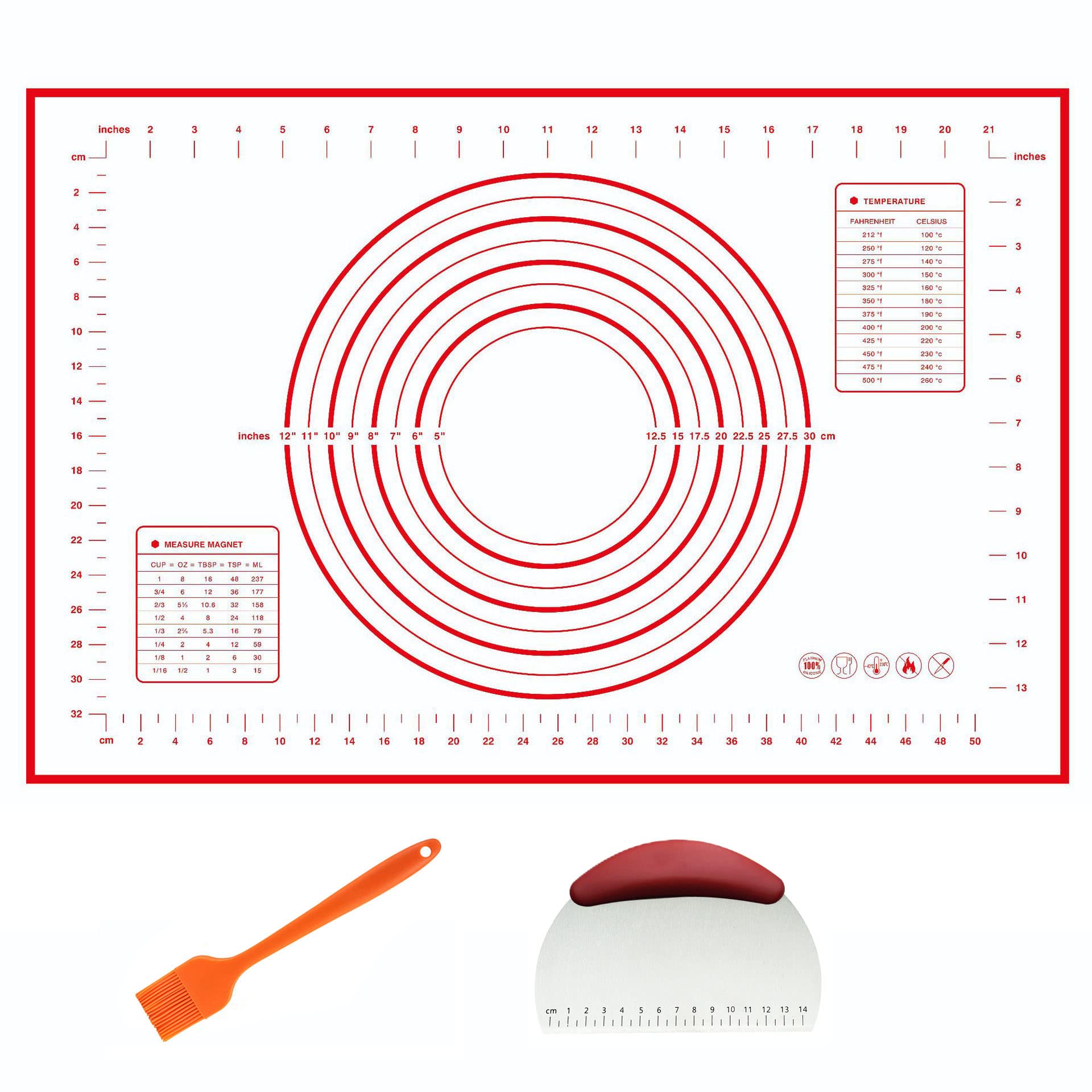 Silicone Dough Mat Non Stick Pastry Mat with Measurement Silicone Mats for Kitchen Counter Reusable Baking Mat Pie Crust Mat with Oil Brush and Dough Scraper(24" x 16",Red)