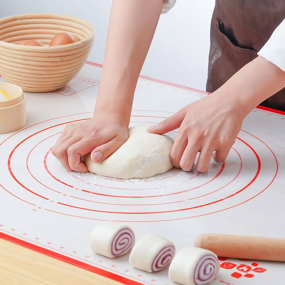 Silicone Dough Mat Non Stick Pastry Mat with Measurement Silicone Mats for Kitchen Counter Reusable Baking Mat Pie Crust Mat with Oil Brush and Dough Scraper(24" x 16",Red)