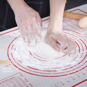 Silicone Dough Mat Non Stick Pastry Mat with Measurement Silicone Mats for Kitchen Counter Reusable Baking Mat Pie Crust Mat with Oil Brush and Dough Scraper(24" x 16",Red)