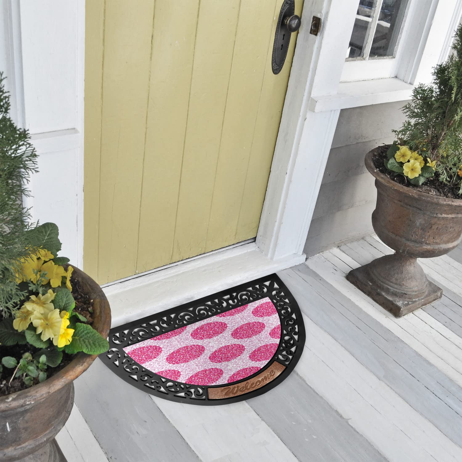 Ambesonne Abstract Doormat, Art of Large and Smaller Polka Dots Round Bubbles, Semi Circle Entryway Welcome Mat for Front & Backard 2 Pieces, 19.6" x 31.4", Pink Fuchsia