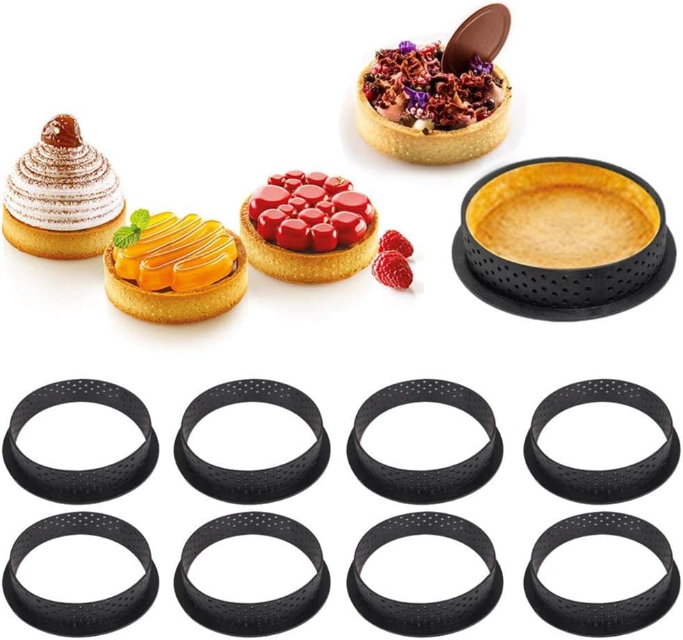 Mini Tart Ring Mold for Baking, Airlxf 8PCS Round Shape Black Cake Mold Mousse Circle Tart Ring Round Cake Molds