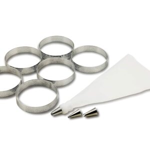 Newline NY Stainless Steel French Pastry Tart Ring Baking Kit - 6 Perforated Round Dessert Rings + 3 Nozzles + 1 Sample Decorating Piping Bag Kit