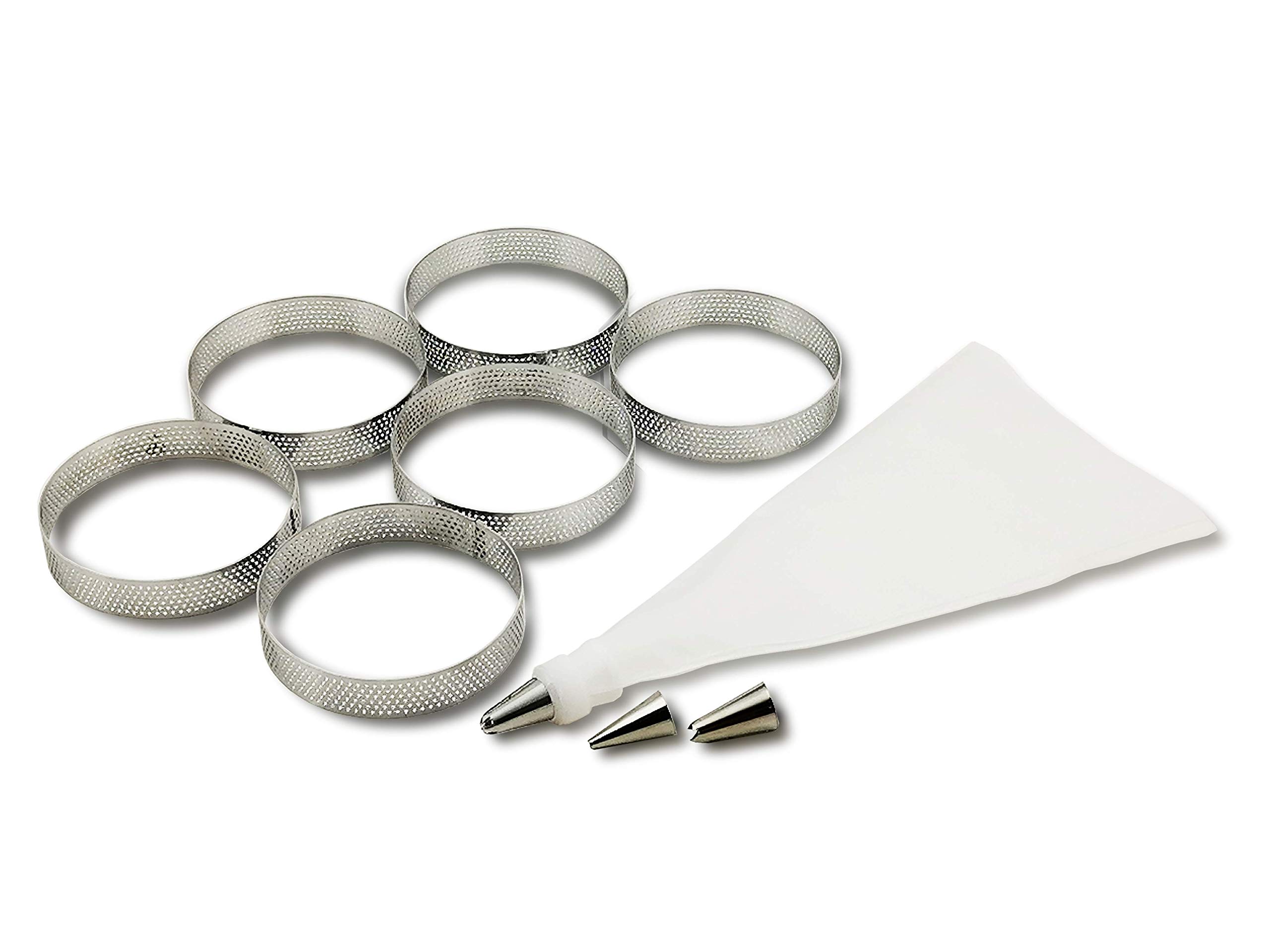 Newline NY Stainless Steel French Pastry Tart Ring Baking Kit - 6 Perforated Round Dessert Rings + 3 Nozzles + 1 Sample Decorating Piping Bag Kit