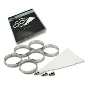 Newline NY Stainless Steel French Pastry Tart Ring Baking Kit - 6 Perforated Round Dessert Rings + 3 Nozzles + 1 Sample Decorating Piping Bag Kit