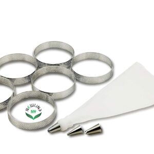 Newline NY Stainless Steel French Pastry Tart Ring Baking Kit - 6 Perforated Round Dessert Rings + 3 Nozzles + 1 Sample Decorating Piping Bag Kit