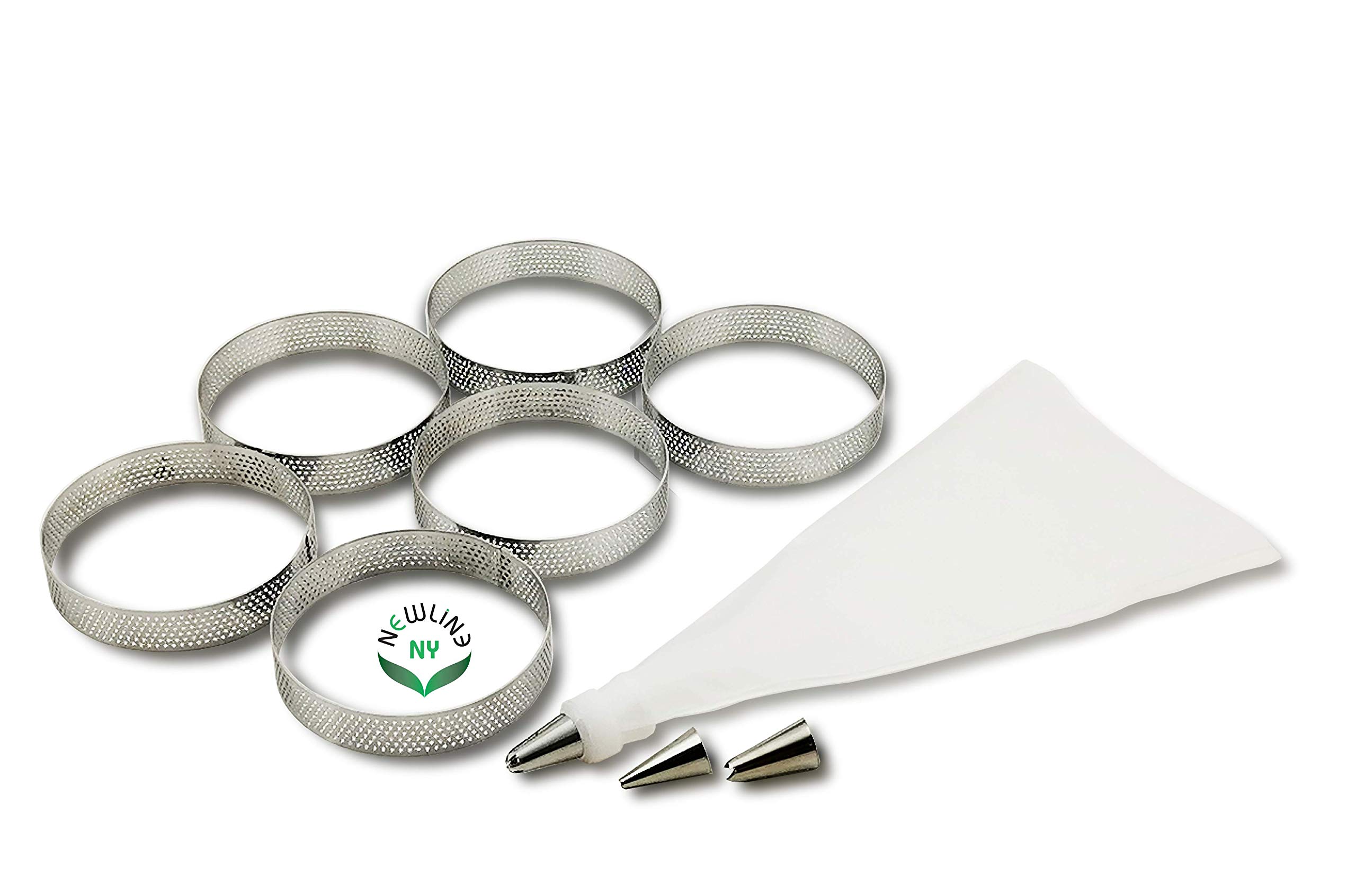 Newline NY Stainless Steel French Pastry Tart Ring Baking Kit - 6 Perforated Round Dessert Rings + 3 Nozzles + 1 Sample Decorating Piping Bag Kit