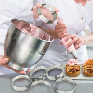 Newline NY Stainless Steel French Pastry Tart Ring Baking Kit - 6 Perforated Round Dessert Rings + 3 Nozzles + 1 Sample Decorating Piping Bag Kit