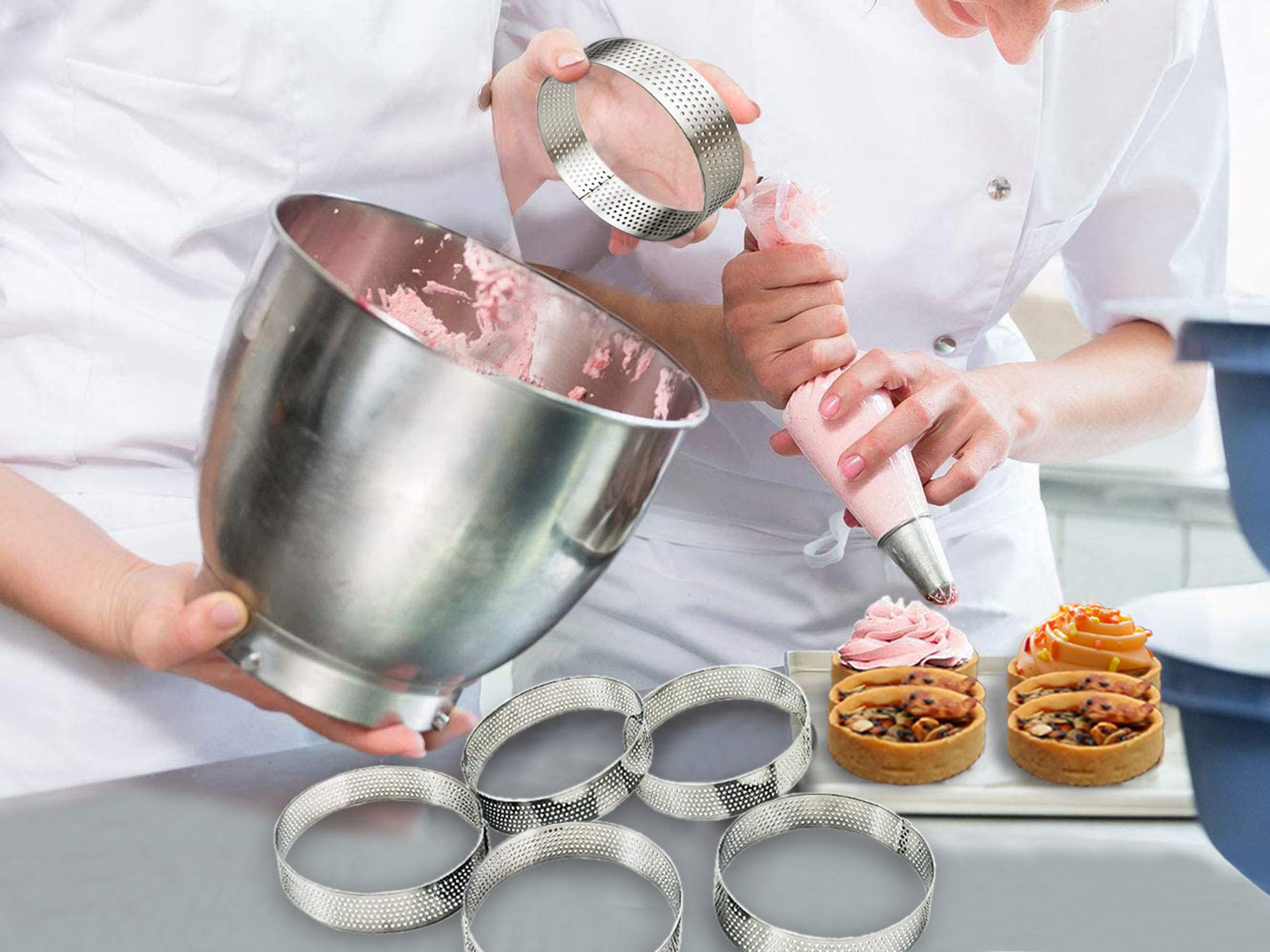 Newline NY Stainless Steel French Pastry Tart Ring Baking Kit - 6 Perforated Round Dessert Rings + 3 Nozzles + 1 Sample Decorating Piping Bag Kit