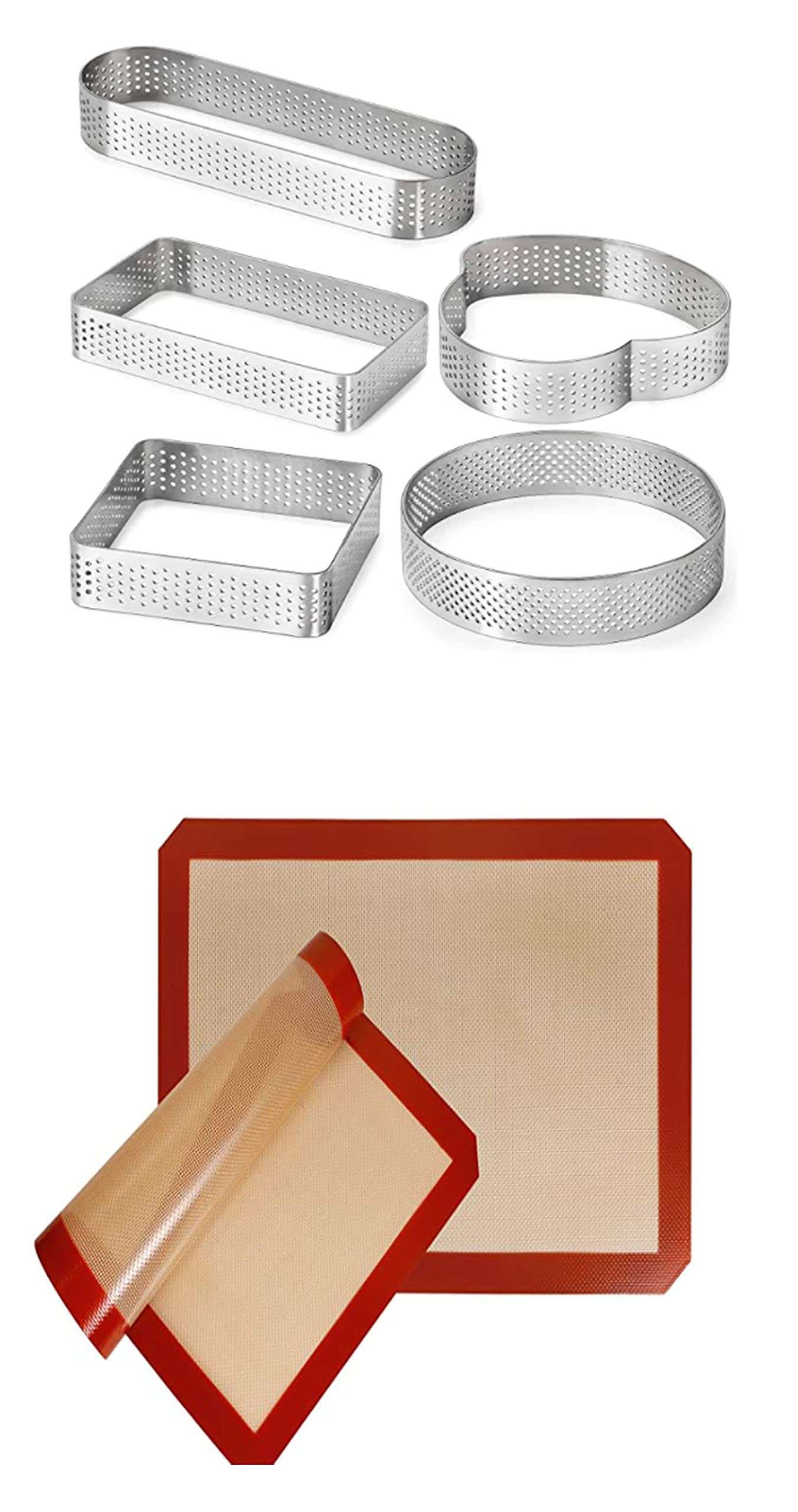 Silicone Baking Mat with Baking tart rings set of 5,Stainless Steel tart ring, Heat-resistant nonstick tart ring, muffin rings, molds and cake.