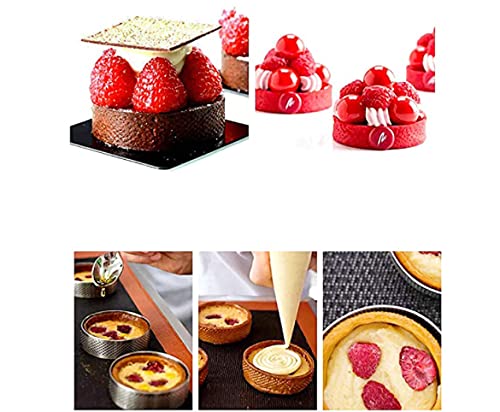 Silicone Baking Mat with Baking tart rings set of 5,Stainless Steel tart ring, Heat-resistant nonstick tart ring, muffin rings, molds and cake.