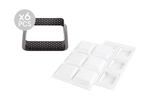 Silikomart "Kit Tarte Ring Square 80x80 Silicone Mold with 6 Cavities, Each 2.63 Inch x 2.63 Inch x 0.59 Inch High, Plus 6 Heat-Resistant Perforated Plastic Square Cutting Rings