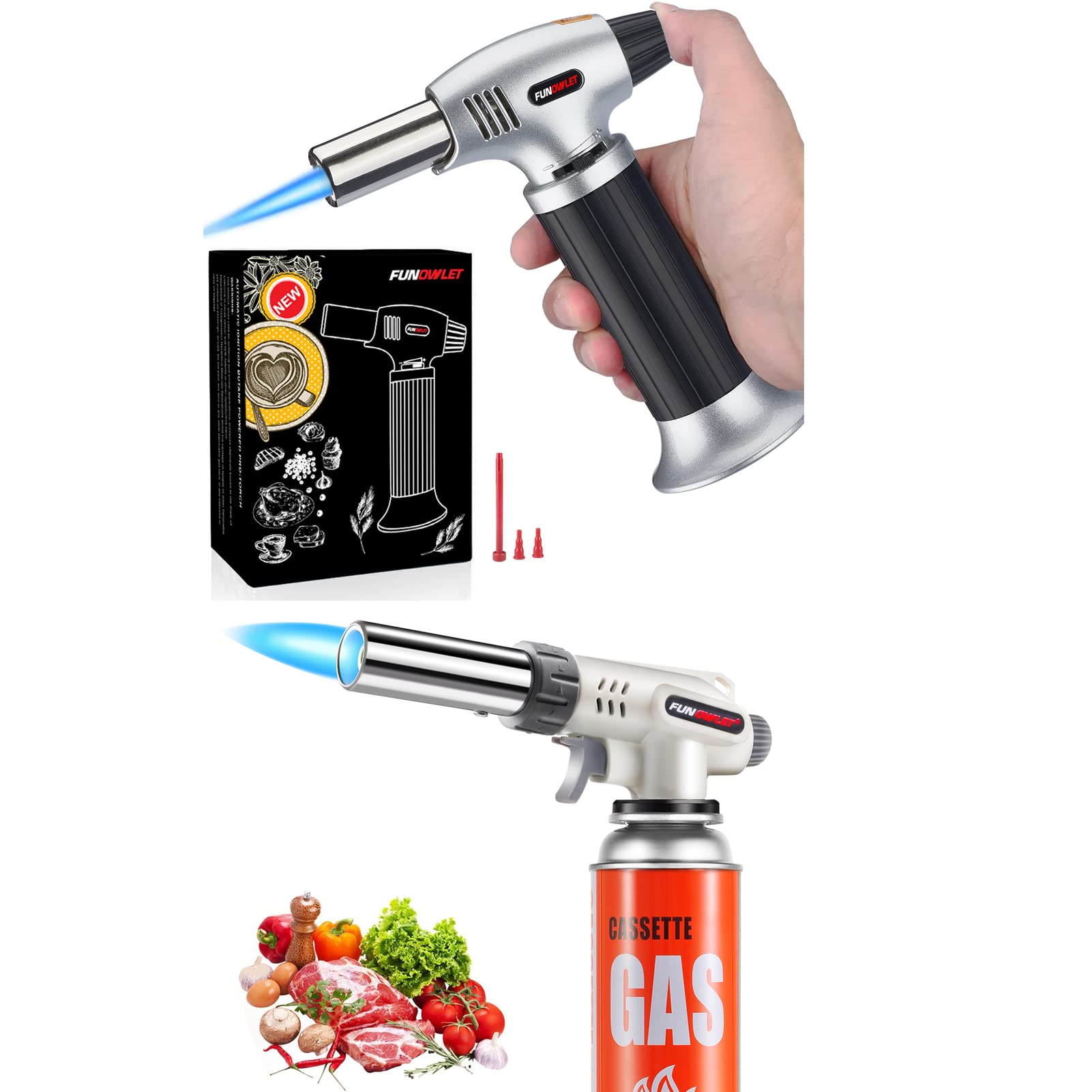 FunOwlet Butane Torch Lighter + Butane Torch Head, Culinary Torches Chef Cooking Professional Adjustable Flame with Reverse Use for Creme, Brulee, BBQ, Baking, Jewelry