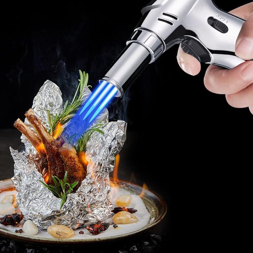 Butane Torch, ibforty 3 Flames Inflatable Cooking Torch Kitchen Lighter, Strong Three Flames with Safety Lock Adjustable and Locking Flame (No Butane Gas)(Silver)