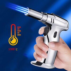 Butane Torch, ibforty 3 Flames Inflatable Cooking Torch Kitchen Lighter, Strong Three Flames with Safety Lock Adjustable and Locking Flame (No Butane Gas)(Silver)