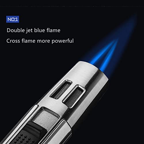 Torch Lighter 2 Jet Flame Gas Lighter, Refillable Candle Cooking Lighter with Visible Container, Adjustable Cigar Lighter Cooking Lighters for BBQ Fire Grill (Without Butane),Blue