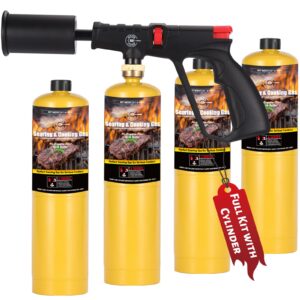 kookcook cooking grill torch kit with 4x14.1oz fuel gas cylinder sous vide blowtorch mapp map pro propane torch food kitchen grilling gun culinary bbq tool for searing outdoor camping charcoal starter