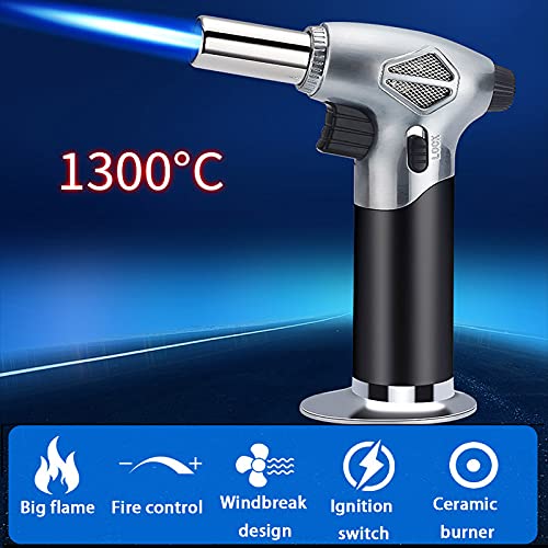 Kitchen Blow Torch Jet Lighter Butane Torch Chef Cooking Torch Lighter with Safety Lock and Adjustable Flame for Cooking, BBQ, Brulee, Creme, DIY Soldering & more(Butane Gas Not Included) (Sliver)