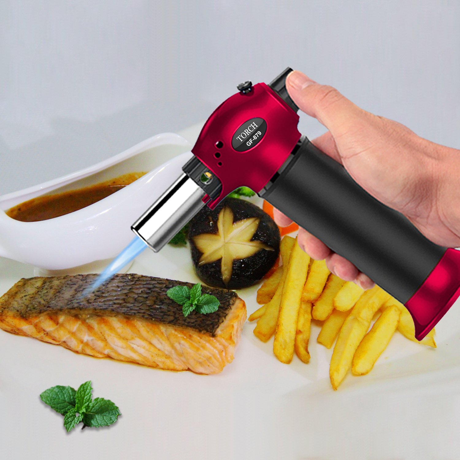 Kitchen Blow Torch Refillable Chef's Culinary Butane Cooking Food Torch with Safety Lock Adjustable Temperature and Flame for Crème Brûlée, Food, Sear Steak, Dessert, Welding By Luckea (Red&Black)