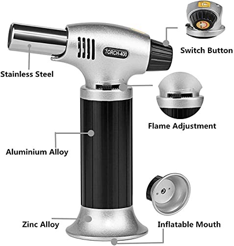 Torch, Refillable Kitchen Torch Lighter, Fit All Butane Tanks Blow Torch with Safety Lock and Adjustable Flame for Desserts, Creme Brulee, BBQ and Baking