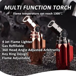 Butane Torch, Refillable Kitchen Cooking Blow Torch, 4 Jet Flame Lighter, Professional Adjustable Flame Mini Torch Lighter for Desserts, Soldering, BBQ and Baking (Butane Gas Not Included)