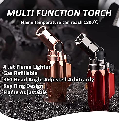 Butane Torch, Refillable Kitchen Cooking Blow Torch, 4 Jet Flame Lighter, Professional Adjustable Flame Mini Torch Lighter for Desserts, Soldering, BBQ and Baking (Butane Gas Not Included)