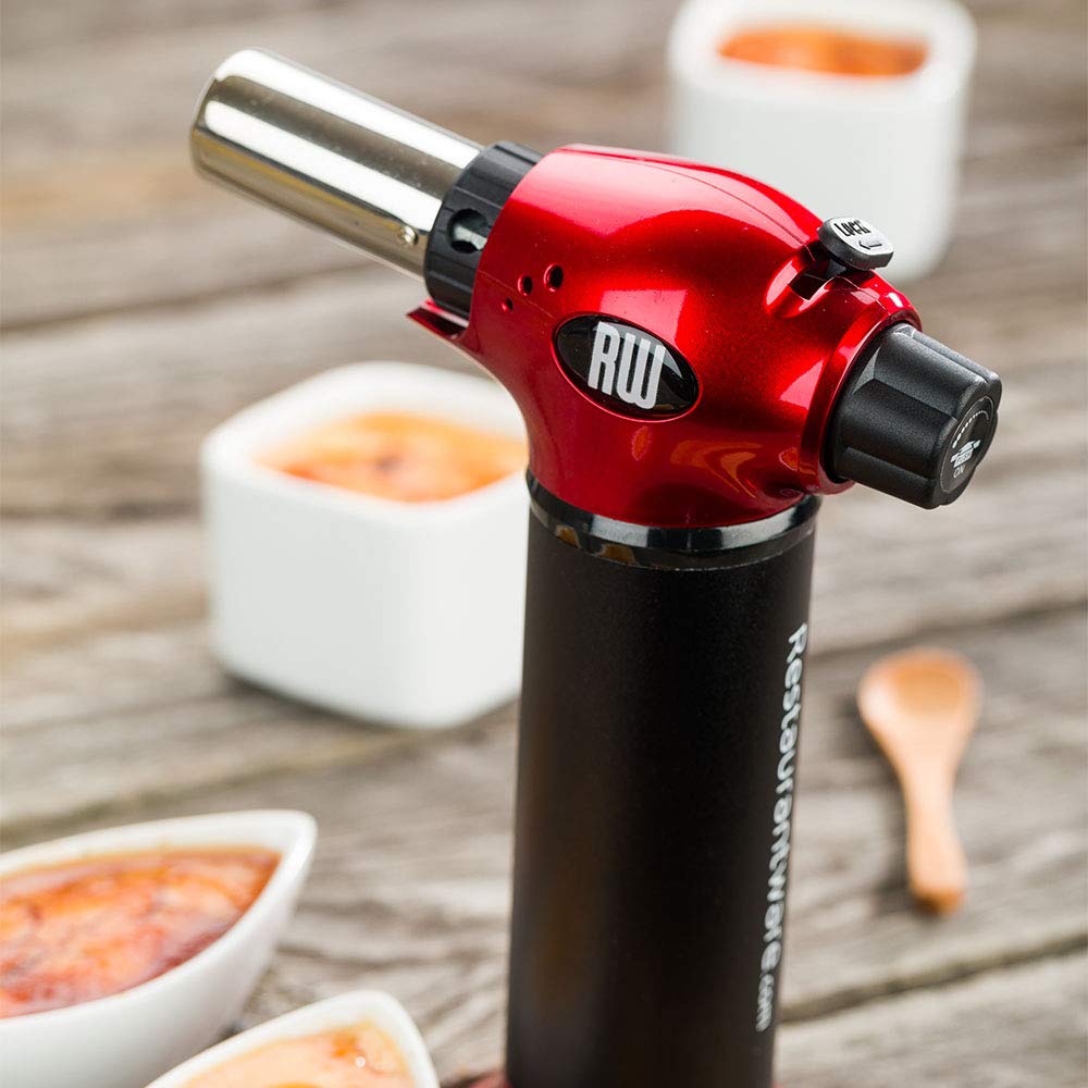 Restaurantware RW 5.2 Inch x 2.5 Inch Cooking Torch 1 Butane Torch For Baking - Adjustable Flame Refillable Red Stainless Steel Kitchen Torch Safety Lock For Desserts Baking Or Cooking