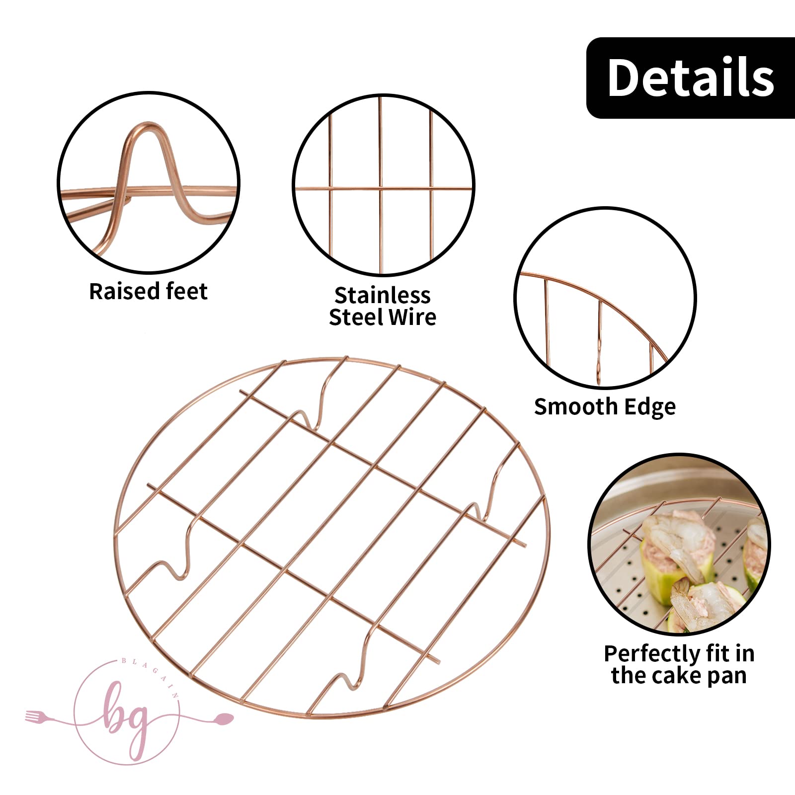 BLAGAIN Cooling Rack Round, 2-Pack（8Inch & 10Inch), Stainless Steel Round Grilling Rack for Cooking Cooling Steaming Baking, Multi-Purpose for Canning Air Fryer Pressure Cooker, Rose Gold