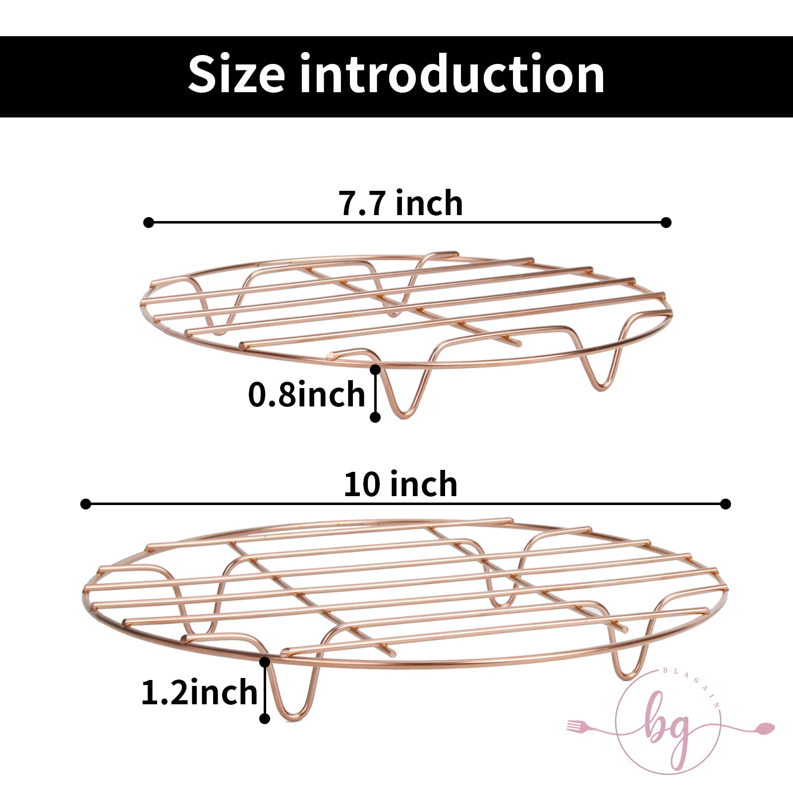 BLAGAIN Cooling Rack Round, 2-Pack（8Inch & 10Inch), Stainless Steel Round Grilling Rack for Cooking Cooling Steaming Baking, Multi-Purpose for Canning Air Fryer Pressure Cooker, Rose Gold