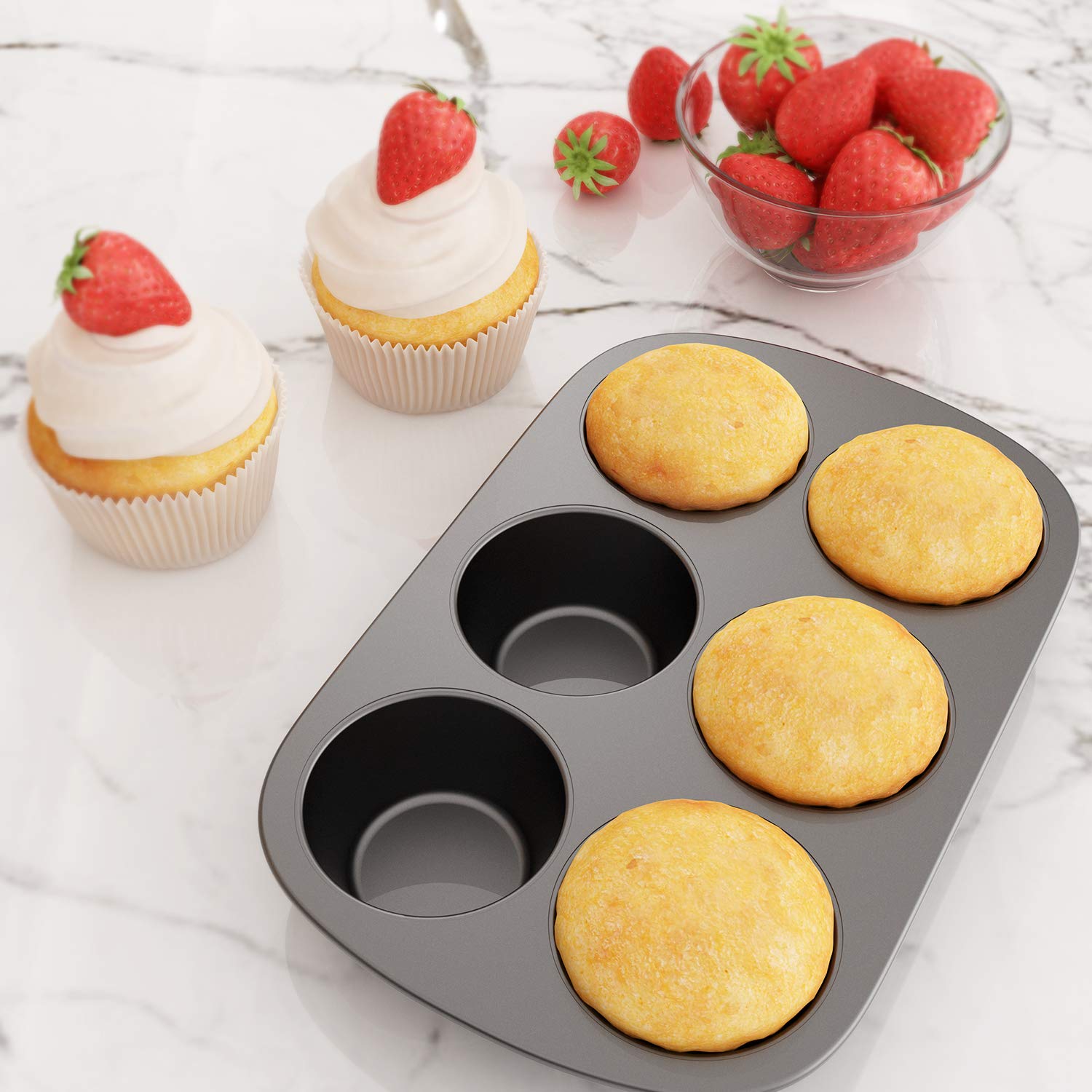 Tiawudi 3 Pack Nonstick Muffin Pan, Carbon Steel Cupcake Pan, Easy to Clean and Perfect for Making Muffins or Cupcakes, 6 Cup Jumbo