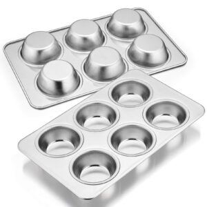 e-far muffin pan set of 2, stainless steel muffin pan tin for baking, 6-cup metal cupcake pan tray, non-toxic & healthy, oven & dishwasher safe, regular size - 11.44 x 7.12 x 1.25 inch