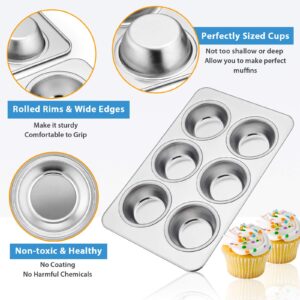 E-far Muffin Pan Set of 2, Stainless Steel Muffin Pan Tin for Baking, 6-Cup Metal Cupcake Pan Tray, Non-toxic & Healthy, Oven & Dishwasher Safe, Regular Size - 11.44 x 7.12 x 1.25 inch