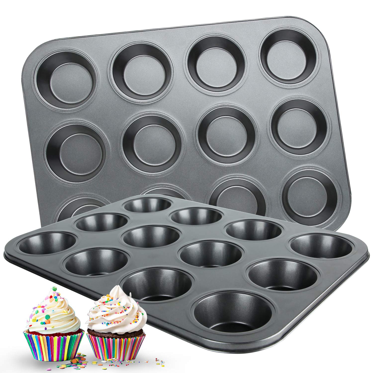 Muffin Pan, 12 Cupcake Pan, 2 Sets of Nonstick Brownie Bakeware Muffin Tin, Cupcake Tray, Baking Pan for Kitchen Oven, Black 13.9 x 10.5 x 1.2 inches