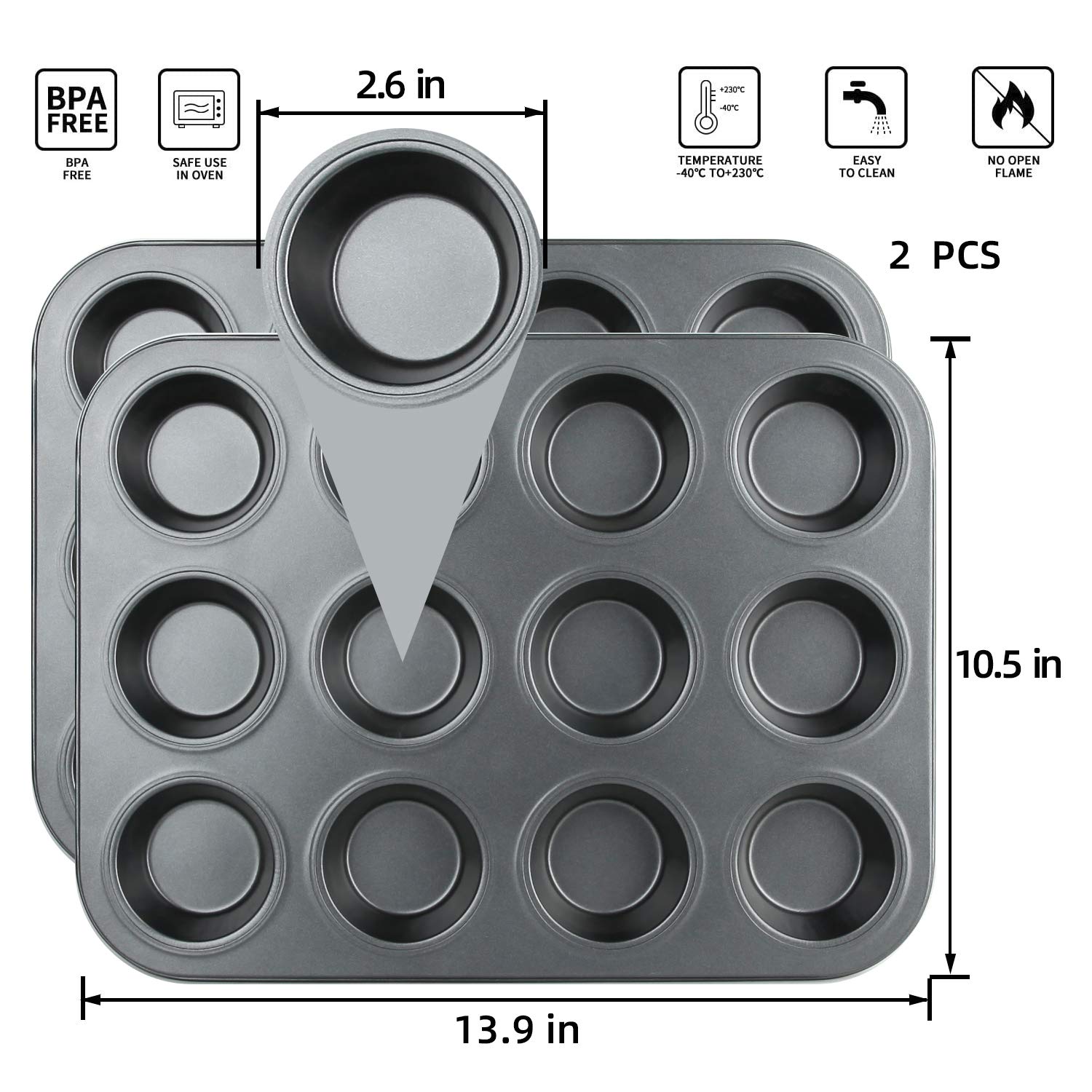 Muffin Pan, 12 Cupcake Pan, 2 Sets of Nonstick Brownie Bakeware Muffin Tin, Cupcake Tray, Baking Pan for Kitchen Oven, Black 13.9 x 10.5 x 1.2 inches