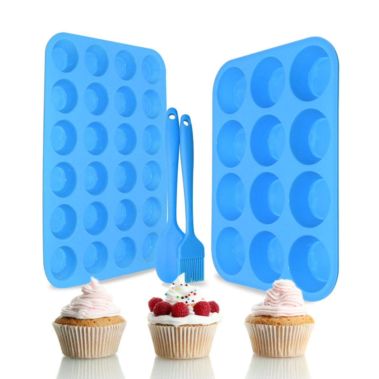 Silicone Muffin Pan Cupcake Set – Non-Stick 12 Cups and Mini 24 Cups,Silicone Baking Molds,BPA Free Muffin Tin with 1 Silicone Spatula & 1 Oil Brush (blue)