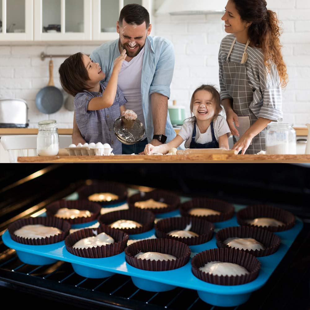 Silicone Muffin Pan Cupcake Set – Non-Stick 12 Cups and Mini 24 Cups,Silicone Baking Molds,BPA Free Muffin Tin with 1 Silicone Spatula & 1 Oil Brush (blue)